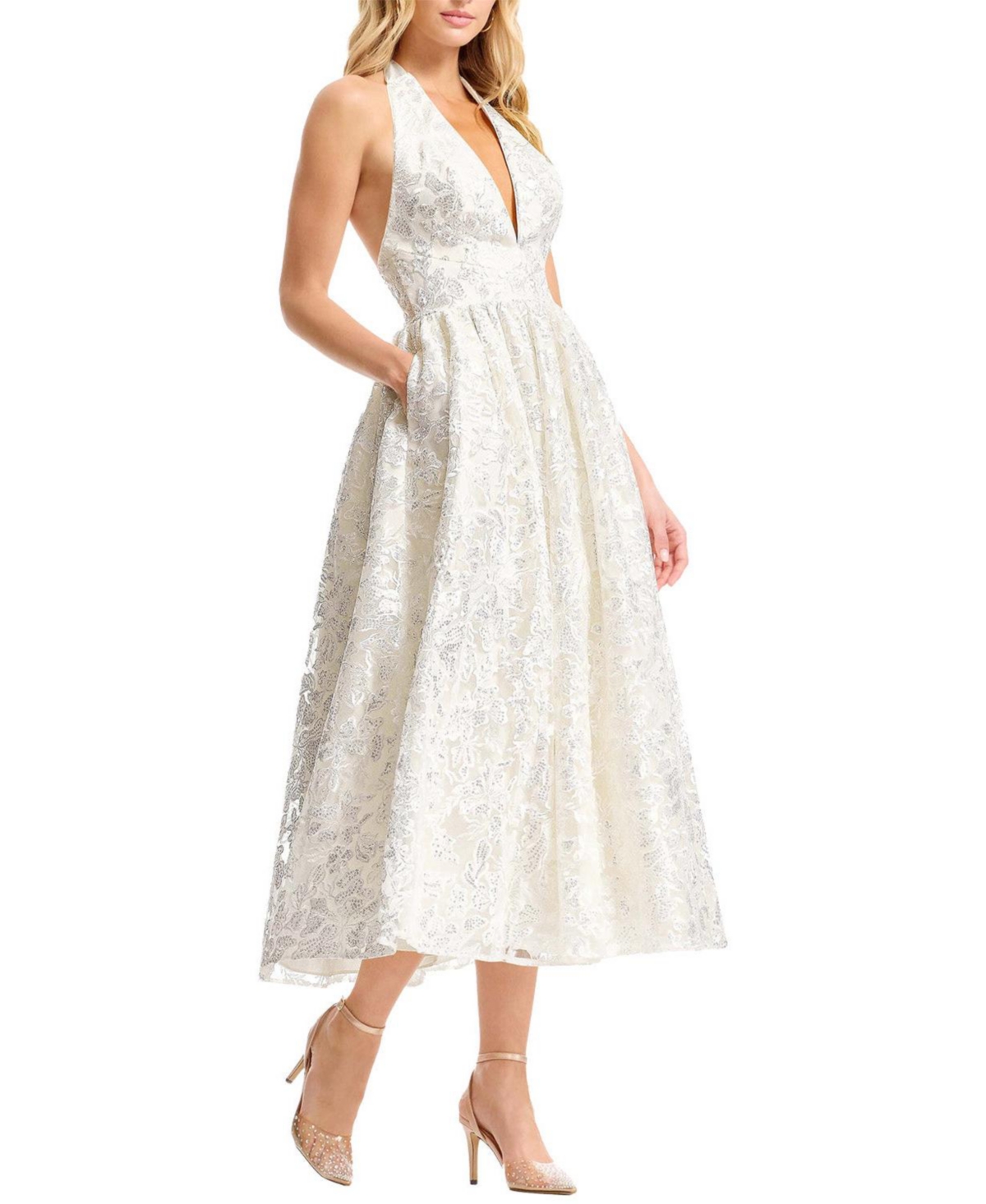DRESS THE POPULATION Christina Halter Plunge V-Neck Floral Jacquard Midi Dress